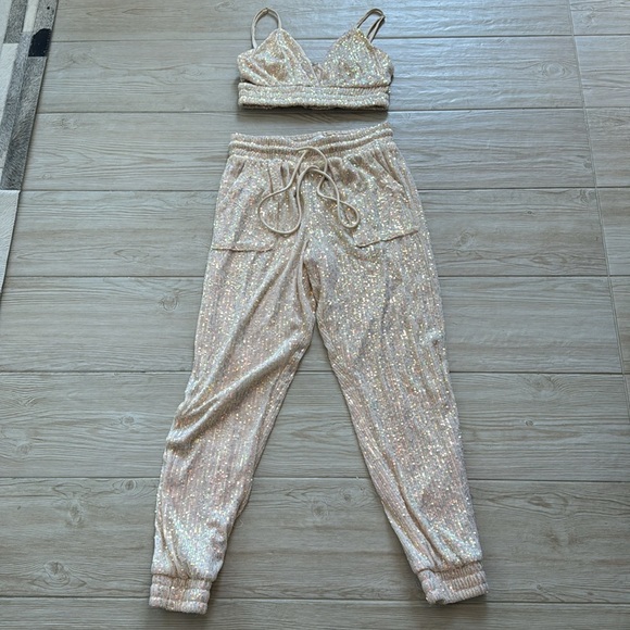 REVOLVE | Pants & Jumpsuits | Pink Blush Sequin Set With Joggers And ...